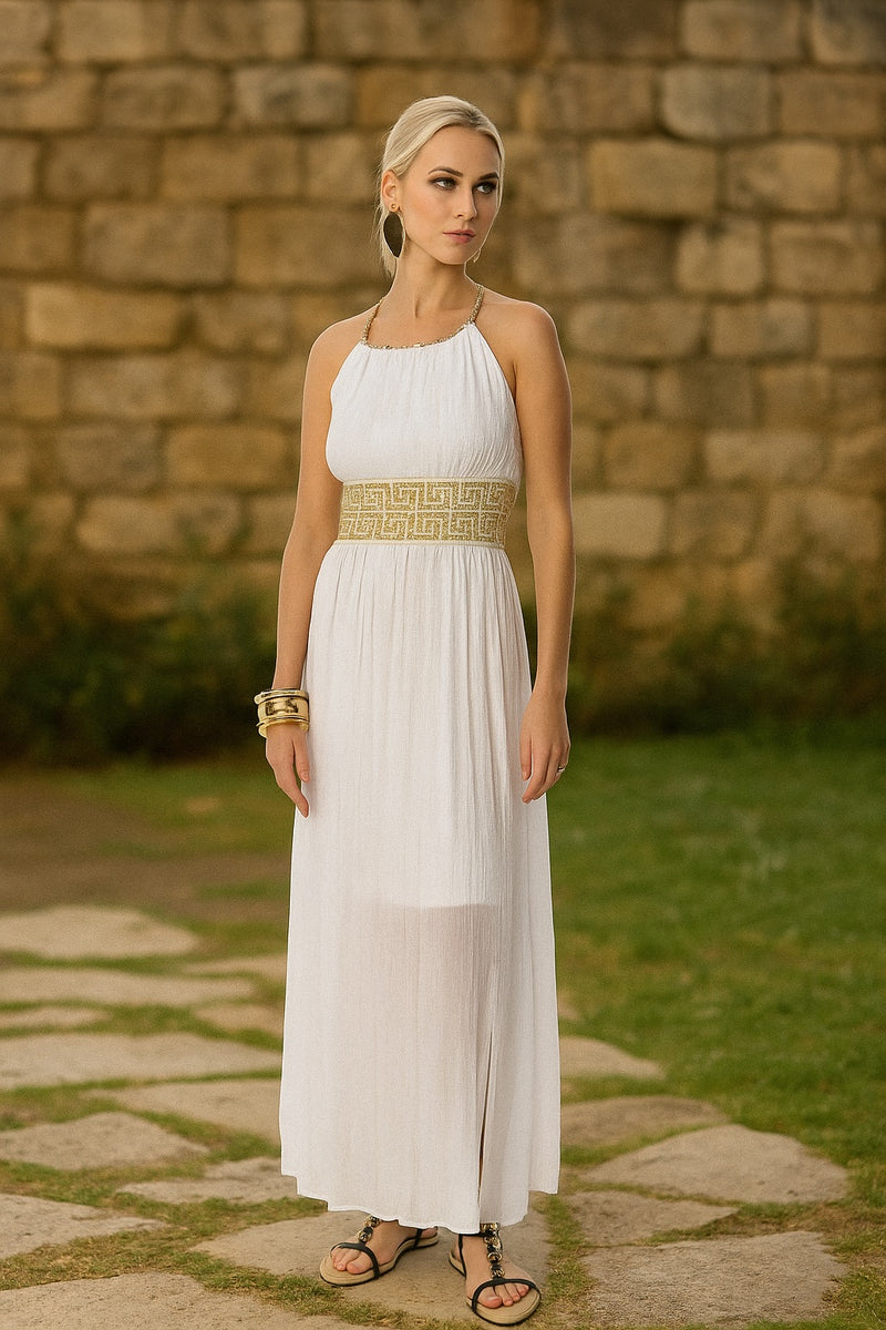 Elegant Greek Summer Maxi Dress with Golden Greek Key Belt – Recipiada